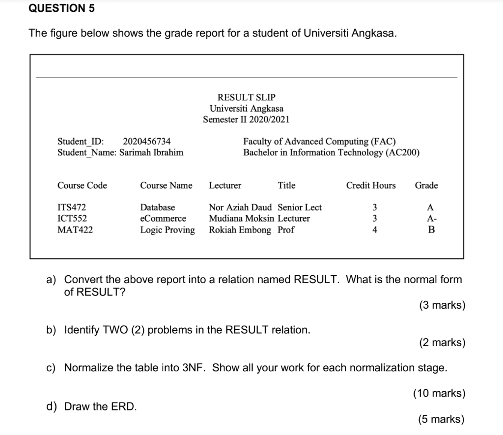 Solved QUESTION 5 The figure below shows the grade report | Chegg.com