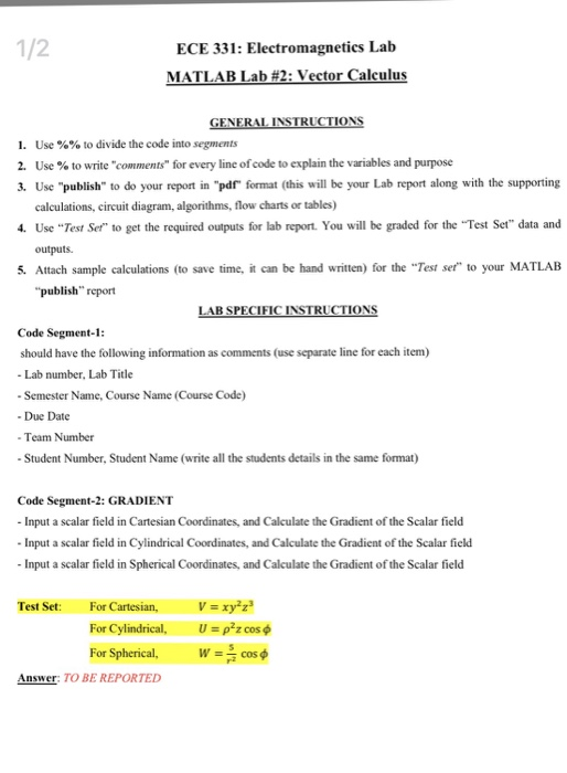 Solved ECE 331: Electromagnetics Lalb MATLAB Lab #2: Vector | Chegg.com