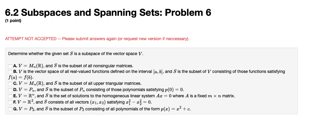 Solved 6.2 Subspaces and Spanning Sets: Problem 6 (1 point) | Chegg.com