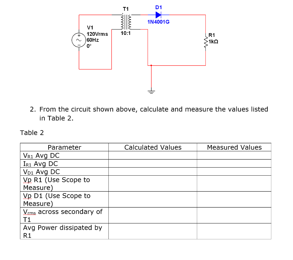 Solved D1 T1 1N4001G V1 120Vrms 10:1 R1 60Hz 2. From the | Chegg.com