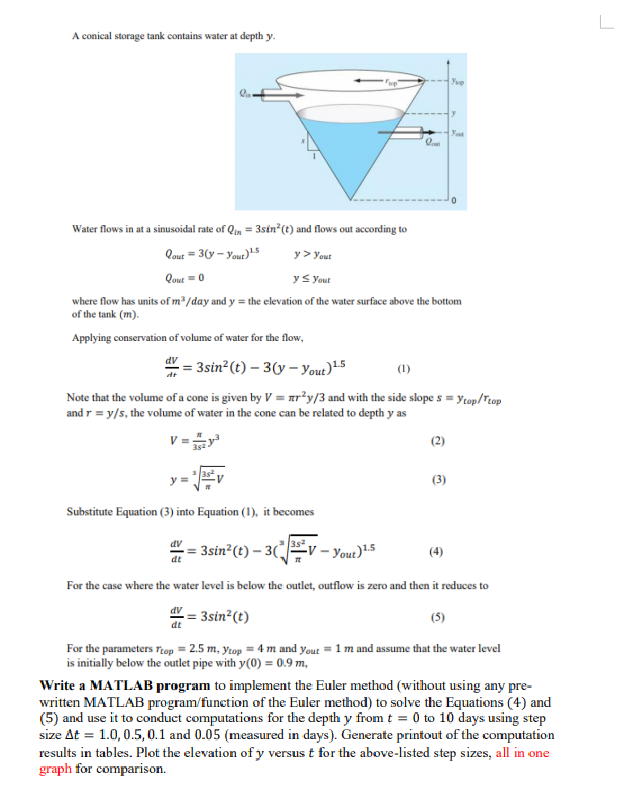 Solved A conical storage tank contains water at depth y. | Chegg.com