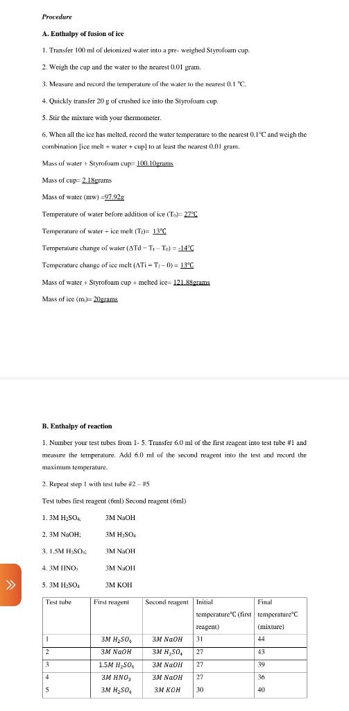 Experiment 2 - Enthalpies in Physical and Chemical | Chegg.com