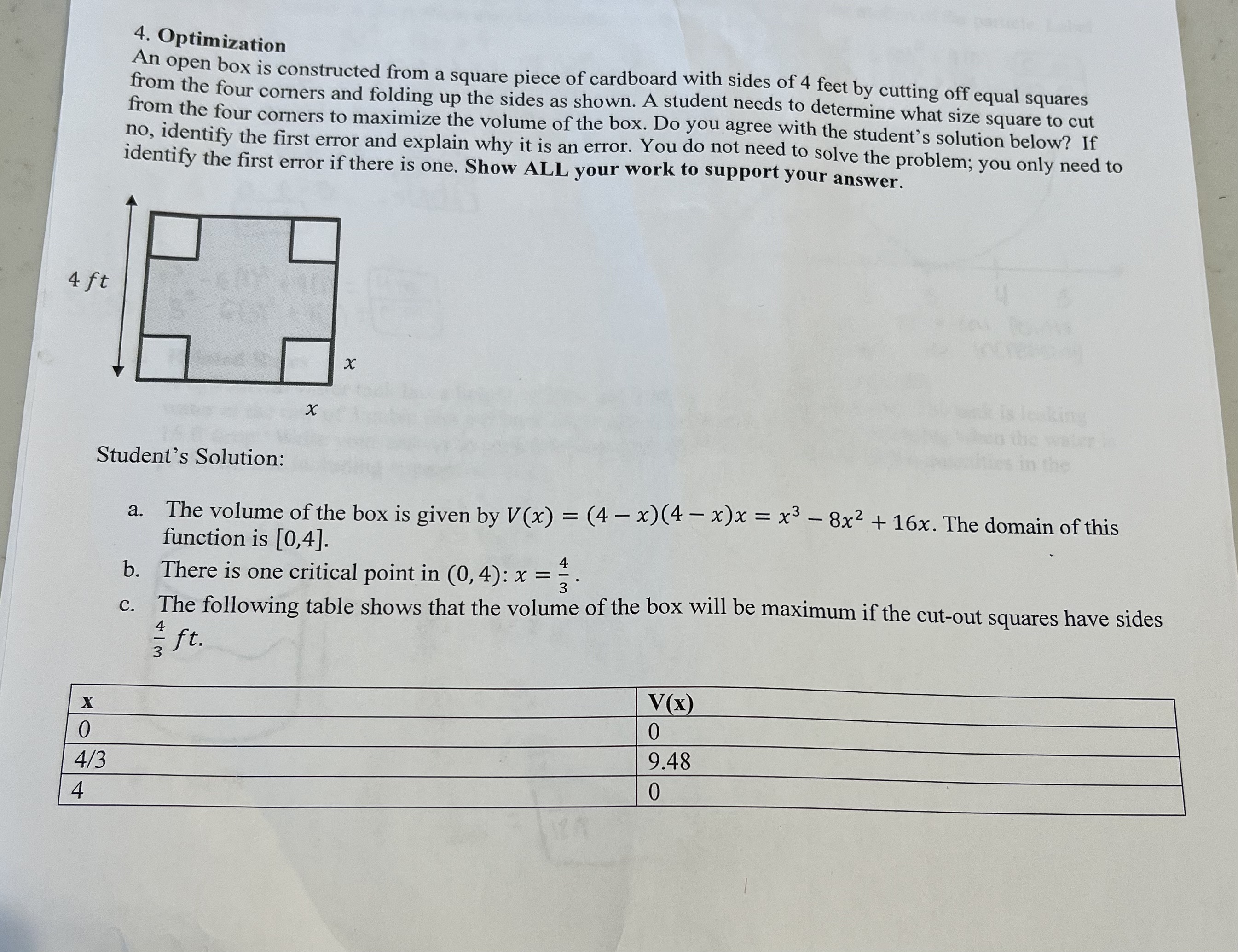 Solved OptimizationAn open box is constructed from a square | Chegg.com