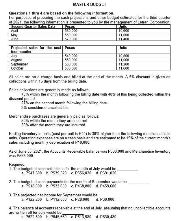 MASTER BUDGET Questions 1 thru 4 are based on the | Chegg.com
