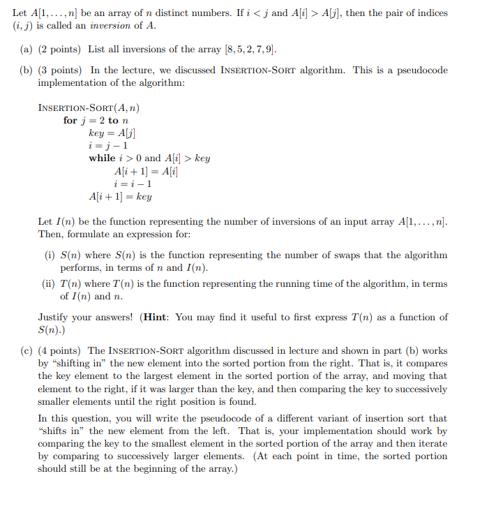 Solved Et A 1n Be An Array Of N Distinct Numbers If 