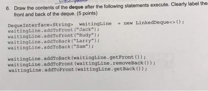 Solved 6. Draw the contents of the deque after the following | Chegg.com