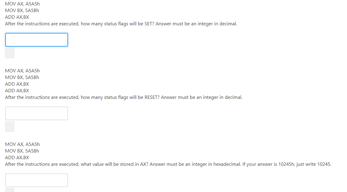 Solved MOV AX, A5A5h MOV BX, 5A5Bh ADD AX,BX After the | Chegg.com