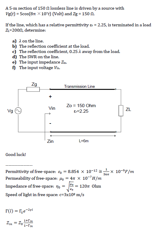 Solved A 5-m section of 150 lossless line is driven by a | Chegg.com