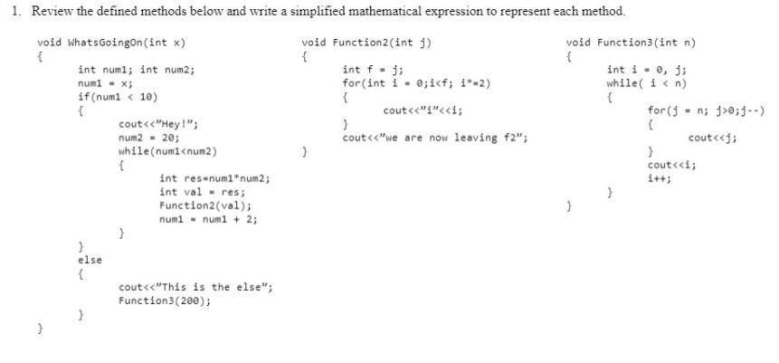 Solved 1. Review the defined methods below and write a | Chegg.com