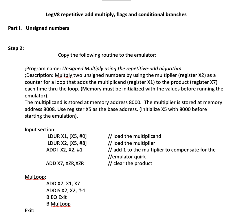 LegV8 repetitive add multiply, flags and conditional | Chegg.com