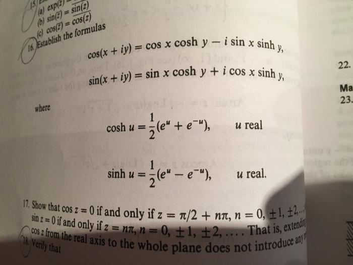 Solved Establish the formulas cos(x + iy) = cos x cosh y | Chegg.com
