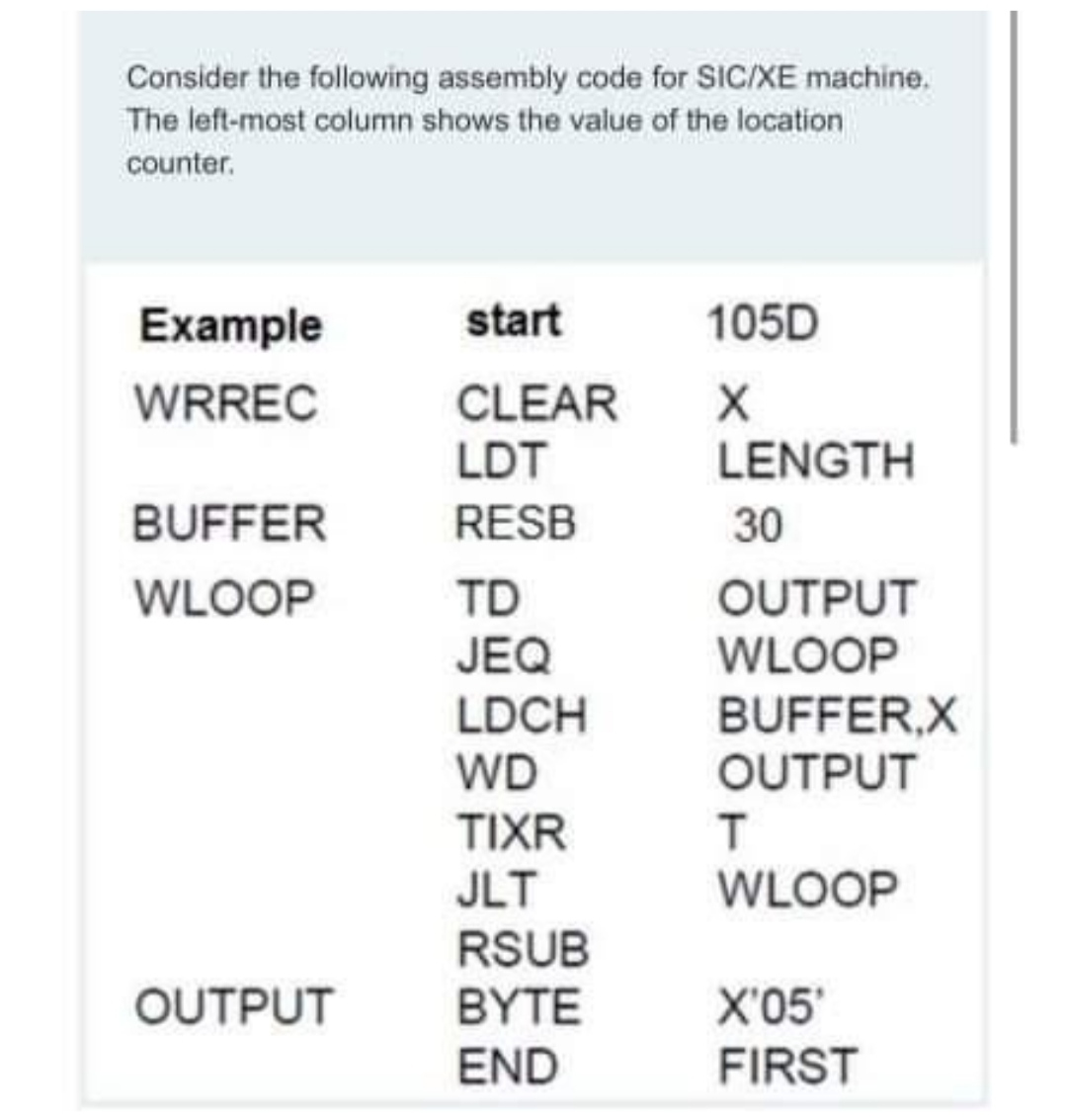 Solved Consider the following assembly code for SIC/XE | Chegg.com