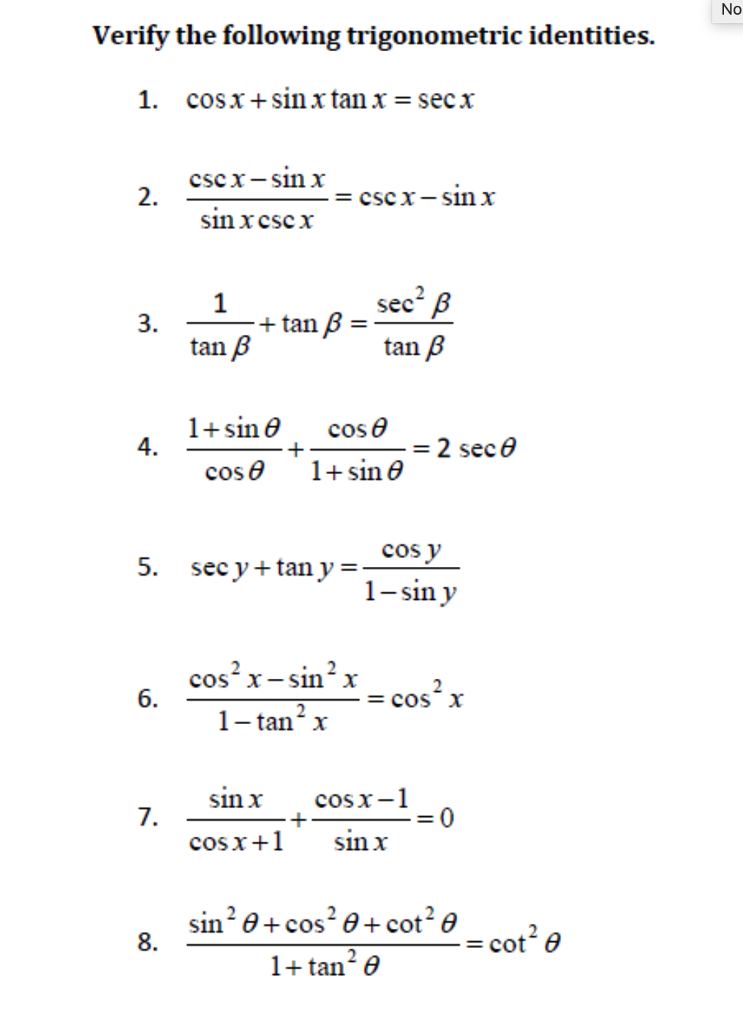 Solved No Verify the following trigonometric identities. cos | Chegg.com