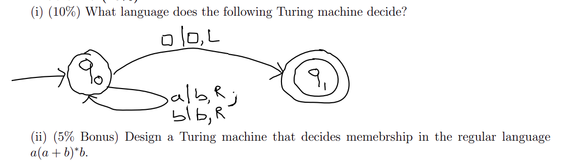 Solved (i) (10%) What language does the following Turing | Chegg.com