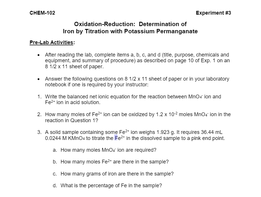 Solved CHEM-102 Experiment #3 Oxidation-Reduction: | Chegg.com