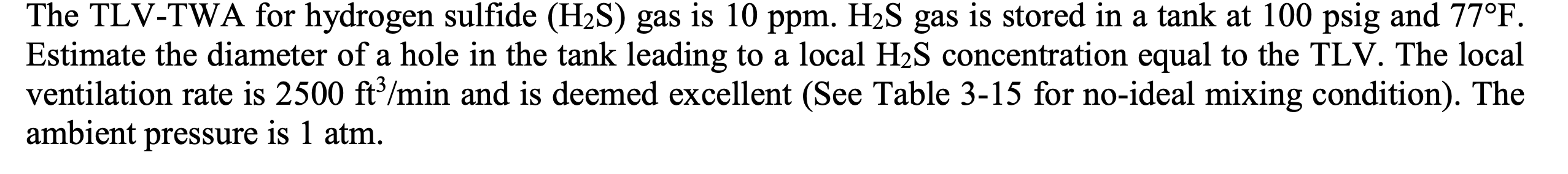 Solved The TLV-TWA for hydrogen sulfide (H2S) gas is 10 ppm. | Chegg.com