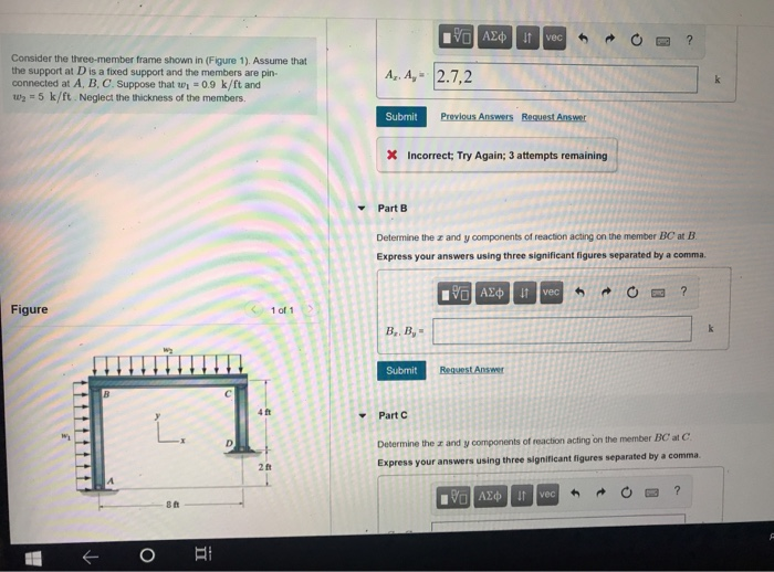 Solved vec Consider the three-member frame shown in (Figure | Chegg.com