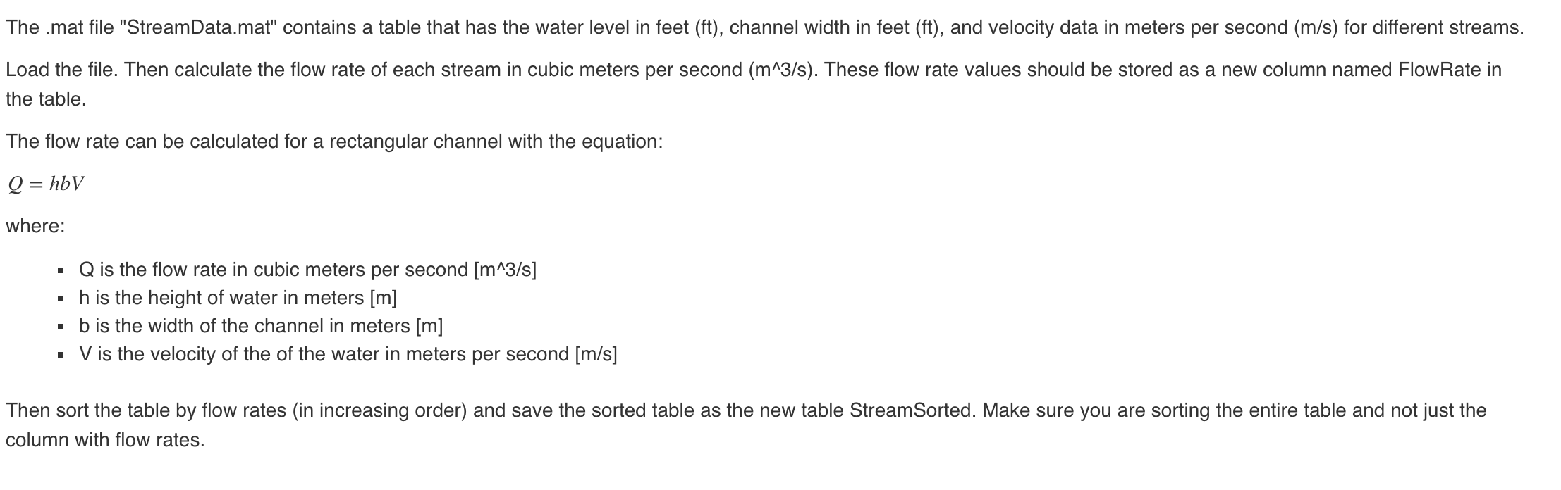 The.mat file "StreamData.mat" contains a table that | Chegg.com