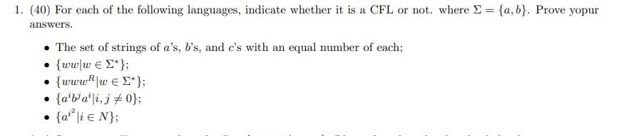 Solved = 1. (40) For each of the following languages, | Chegg.com