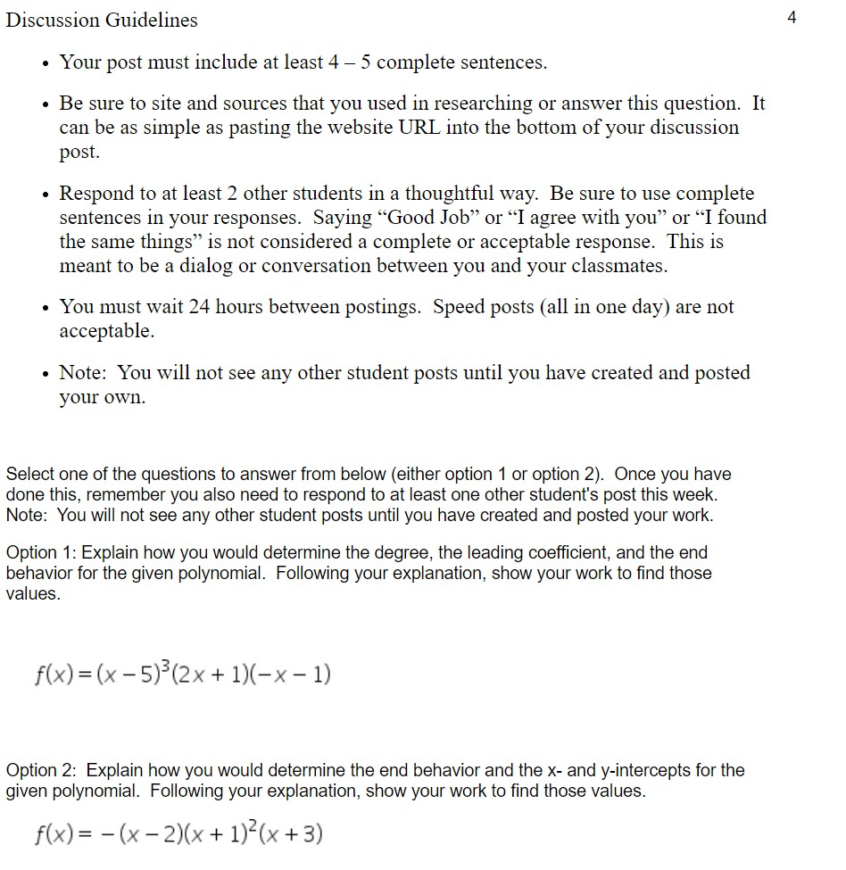 Solved Discussion Guidelines 4 • Your post must include at | Chegg.com