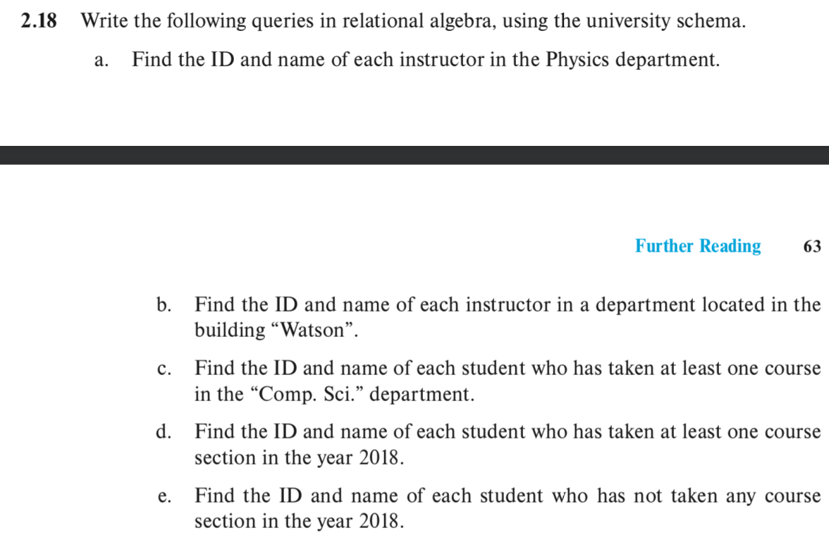 Solved 2.18 Write the following queries in relational | Chegg.com