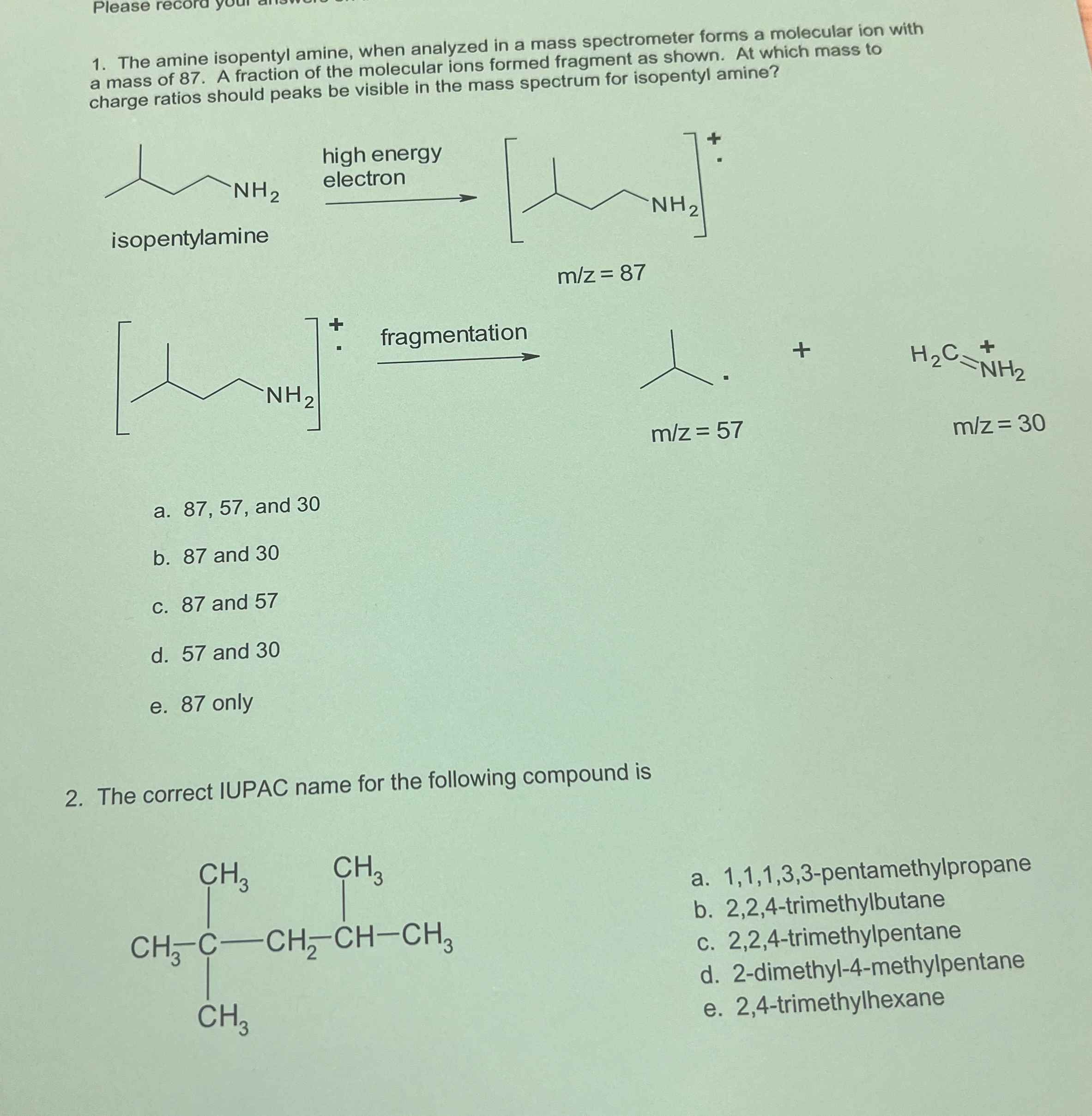 Solved The amine isopentyl amine, when analyzed in a mass | Chegg.com