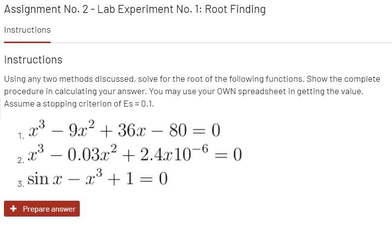 Solved Assignment No. 2-Lab Experiment No. 1: Root Finding | Chegg.com