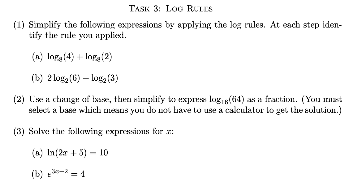 Solved TASK 3: LOG RULES (1) Simplify the following | Chegg.com