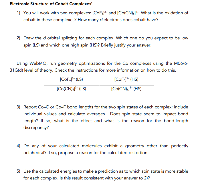 Solved Electronic Structure of Cobalt Complexes 1 1) You | Chegg.com