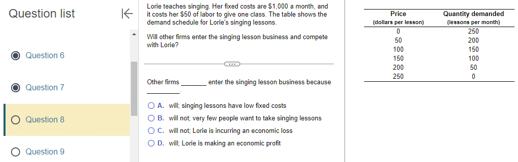 Solved Question list Lorie teaches singing. Her fixed costs | Chegg.com