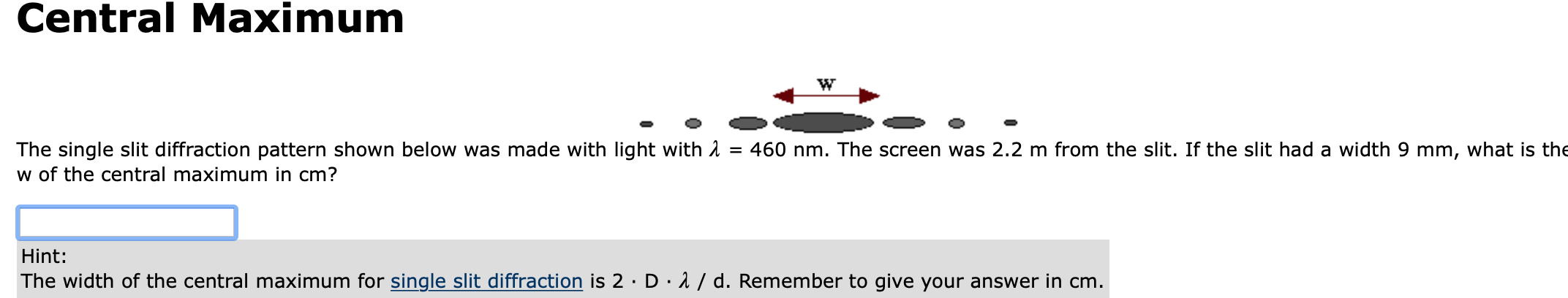 Solved Central Maximum W The single slit diffraction pattern | Chegg.com