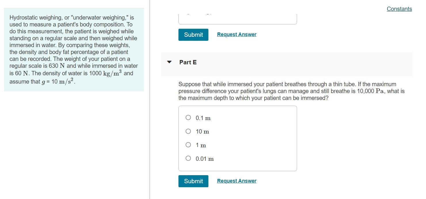 Solved Constants Submit Request Answer Hydrostatic weighing, | Chegg.com