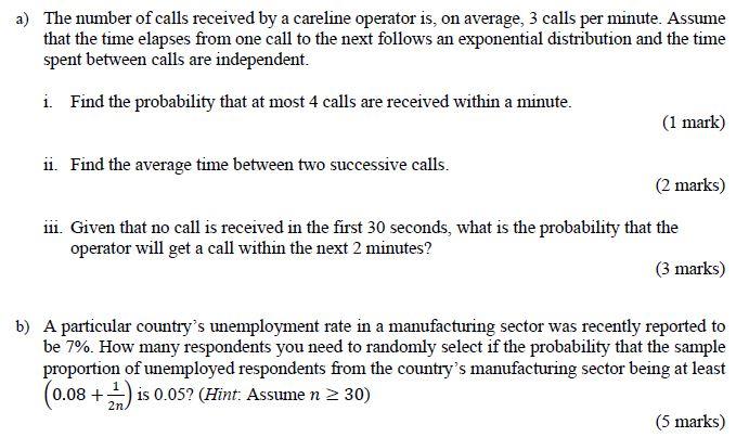 Solved a) The number of calls received by a careline | Chegg.com