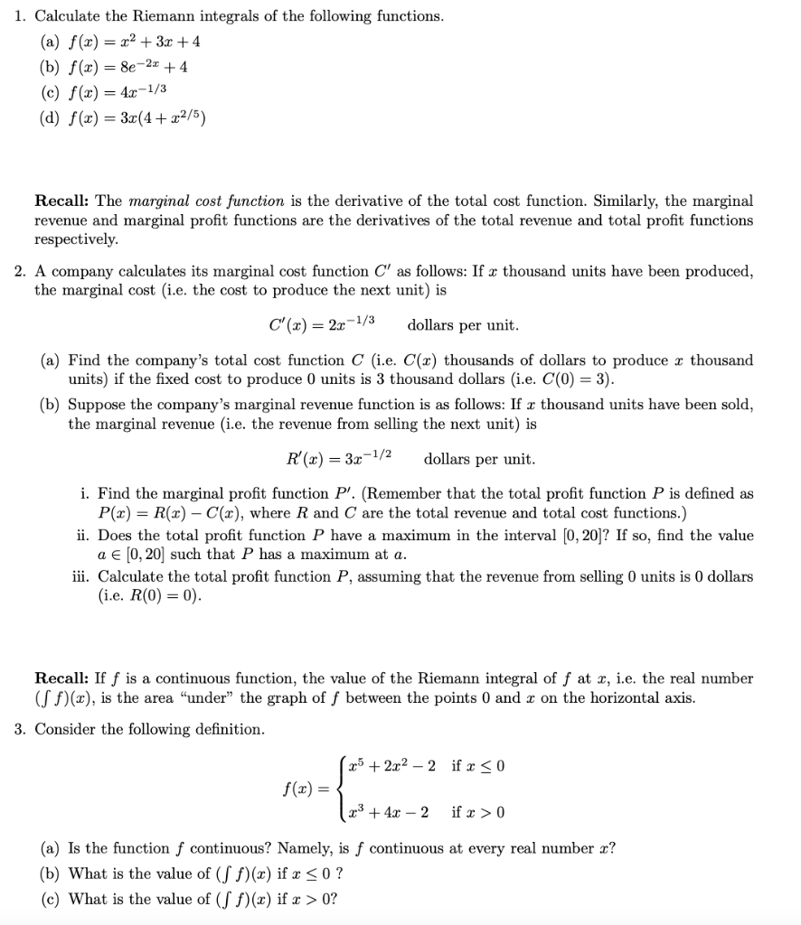 Solved 1. Calculate the Riemann integrals of the following | Chegg.com