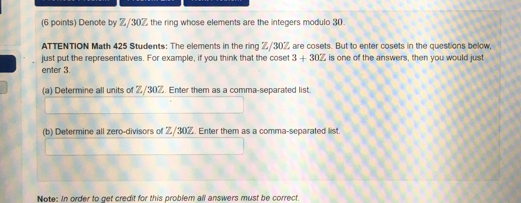 Solved (6 points) Denote by Z/30Z the ring whose elements | Chegg.com