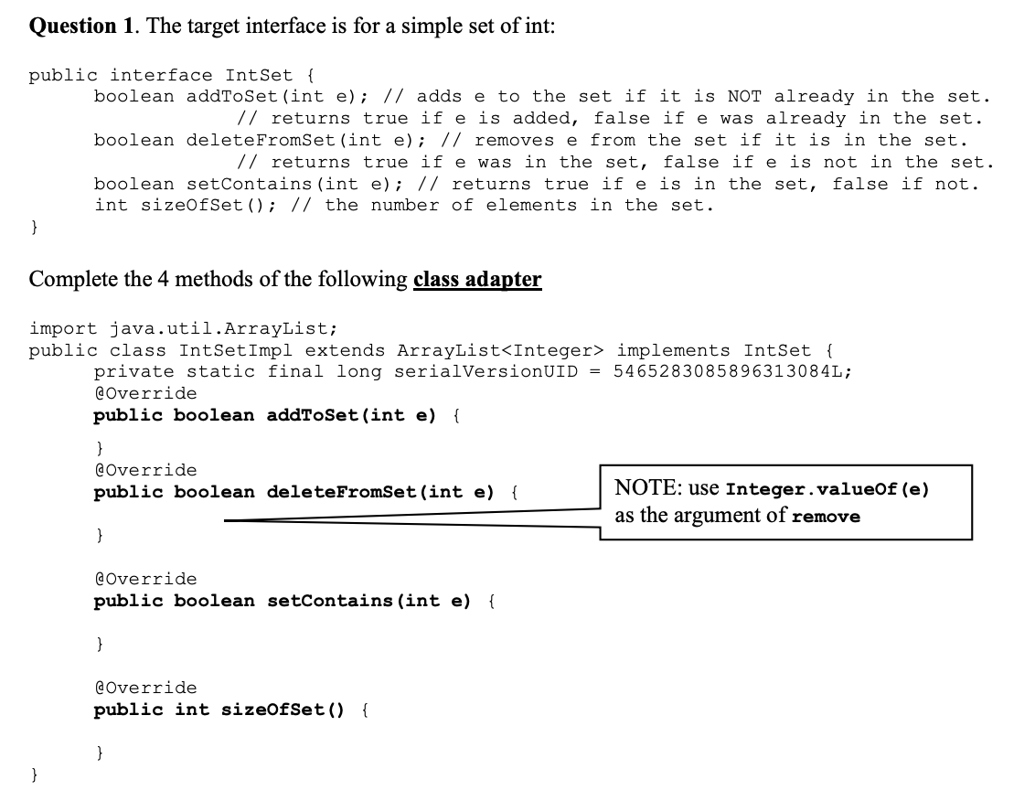 Solved Question 1. The target interface is for a simple set | Chegg.com