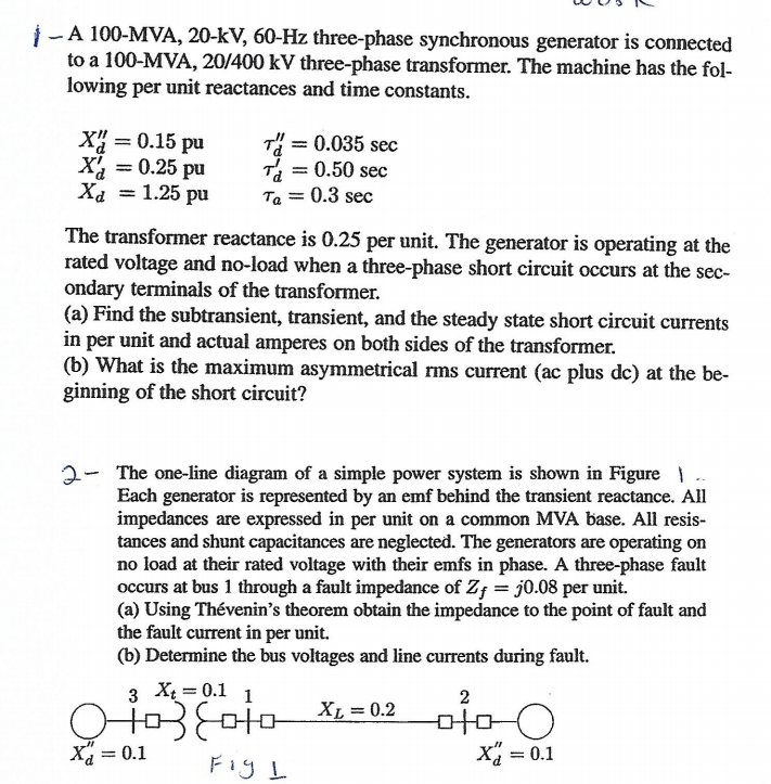 Solved 1-A 100-MVA, 20-KV, 60-Hz three-phase synchronous | Chegg.com