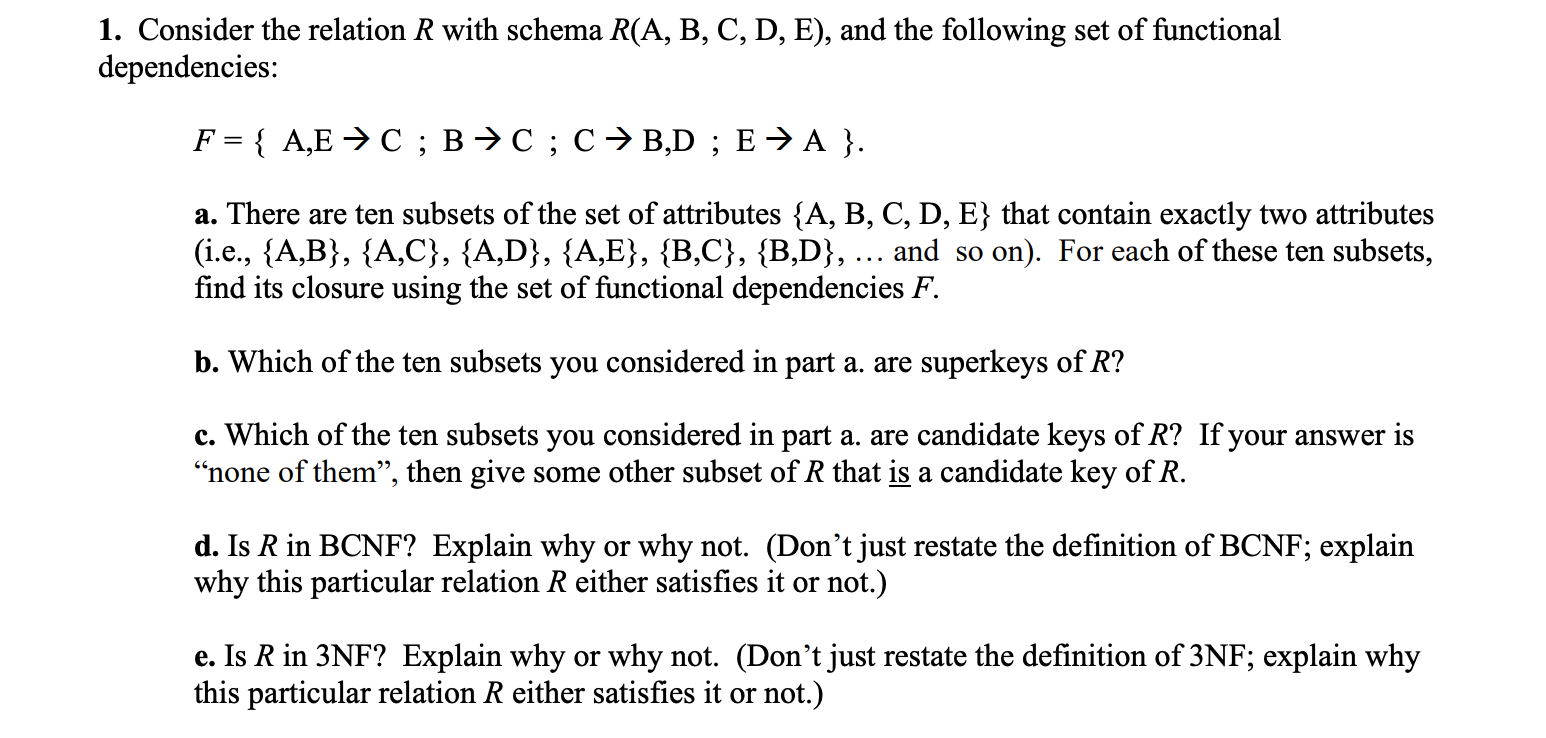 Solved Consider the relation R with schema R( A, B,C,D,E), | Chegg.com