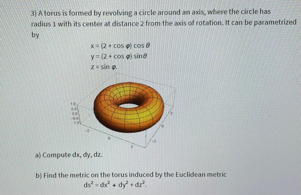Solved 3) A torus is formed by revolving a circle around an | Chegg.com
