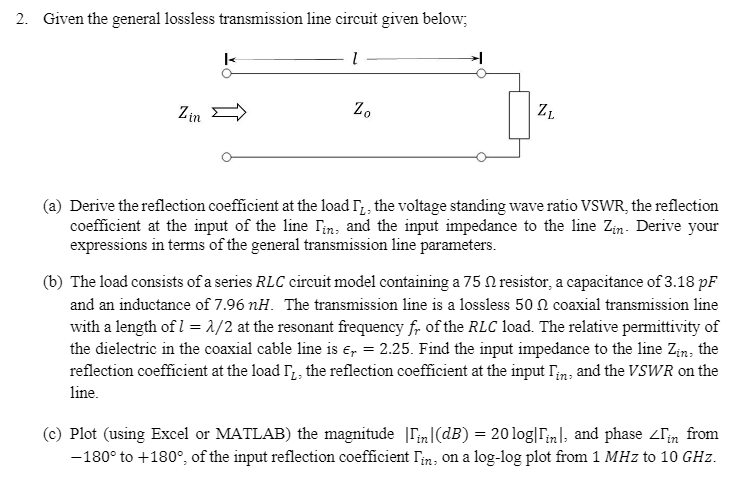 2. Given the general lossless transmission line | Chegg.com