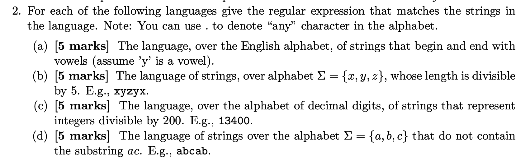Solved 2. For each of the following languages give the | Chegg.com