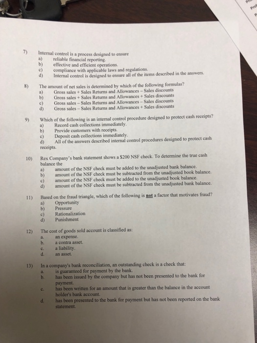 Solved 7) Internal control is a process designed to ensure | Chegg.com