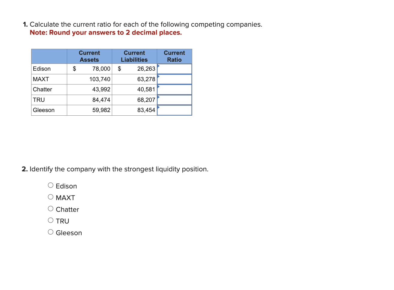 Solved 1. Calculate the current ratio for each of the | Chegg.com