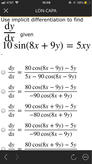 Solved nl AT&T令 16:08 38% LON-CAPA Use implicit | Chegg.com