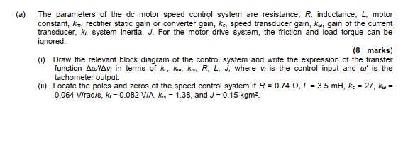 Solved (a) The parameters of the dc motor speed control | Chegg.com