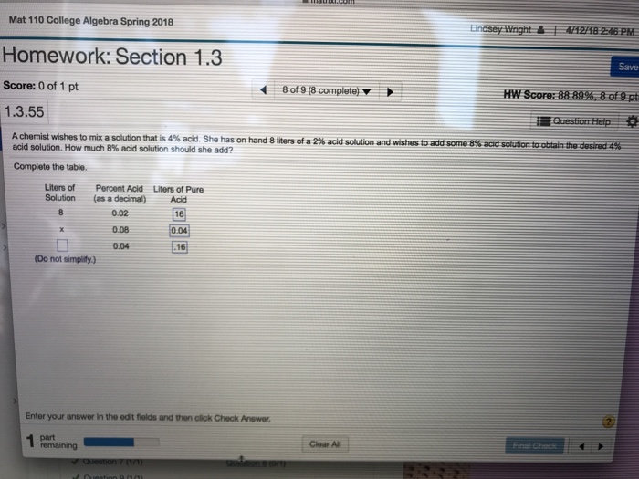 Solved Mat 110 College Algebra Spring 2018 Homework: Section | Chegg.com