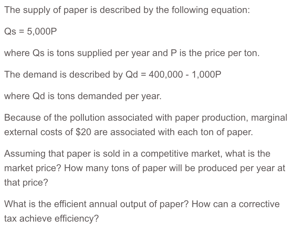 Solved The supply of paper is described by the following | Chegg.com