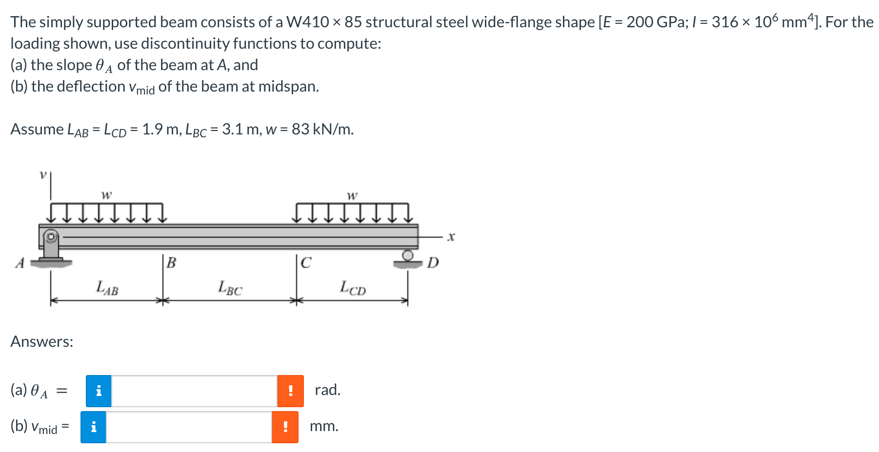 Solved The simply supported beam consists of a W410 ×85 | Chegg.com