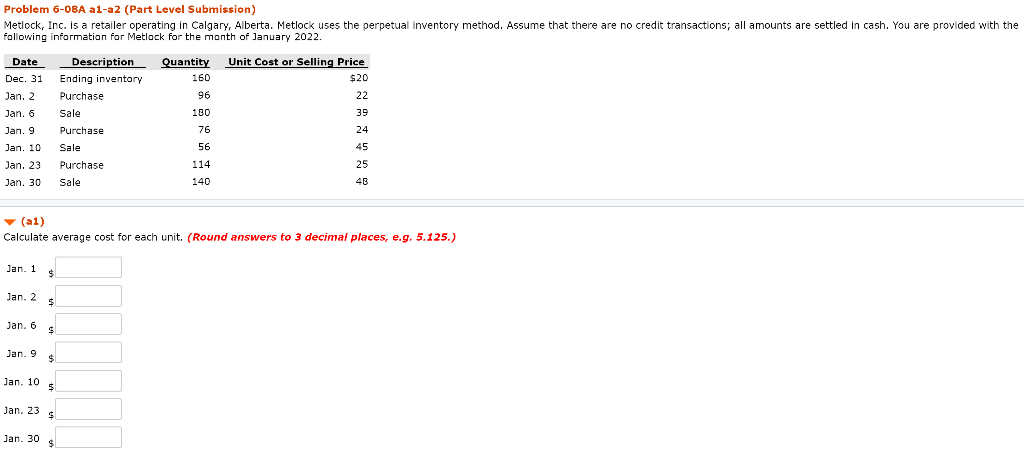 Solved Problem 6-OBA al-a2 (Part Level Submission) Metlock, | Chegg.com