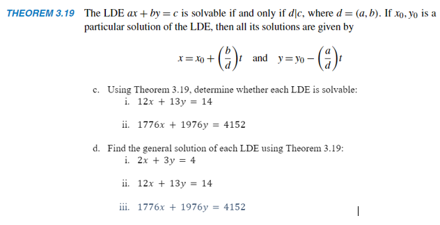 Solved THEOREM 3.19 The LDE ax + by = c is solvable if and | Chegg.com